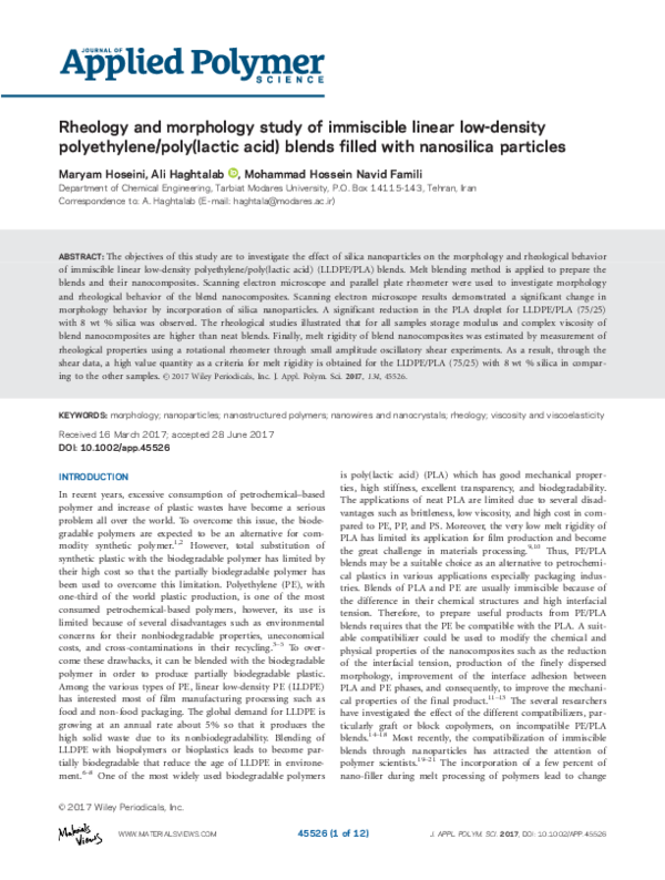 (PDF) Rheology and morphology study of immiscible linear low‐density polyethylene/poly(lactic ...
