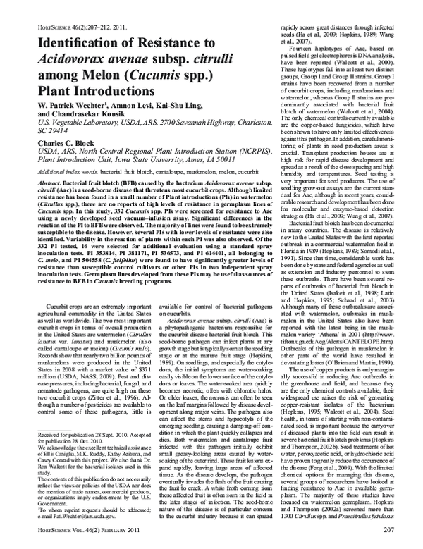 (PDF) Identification of Resistance to Acidovorax avenae subsp. citrulli ...
