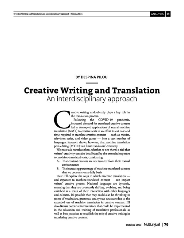 (PDF) Creative Writing and Translation: an interdisciplinary approach