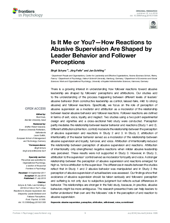 (PDF) Is It Me or You?—How Reactions to Abusive Supervision Are Shaped ...
