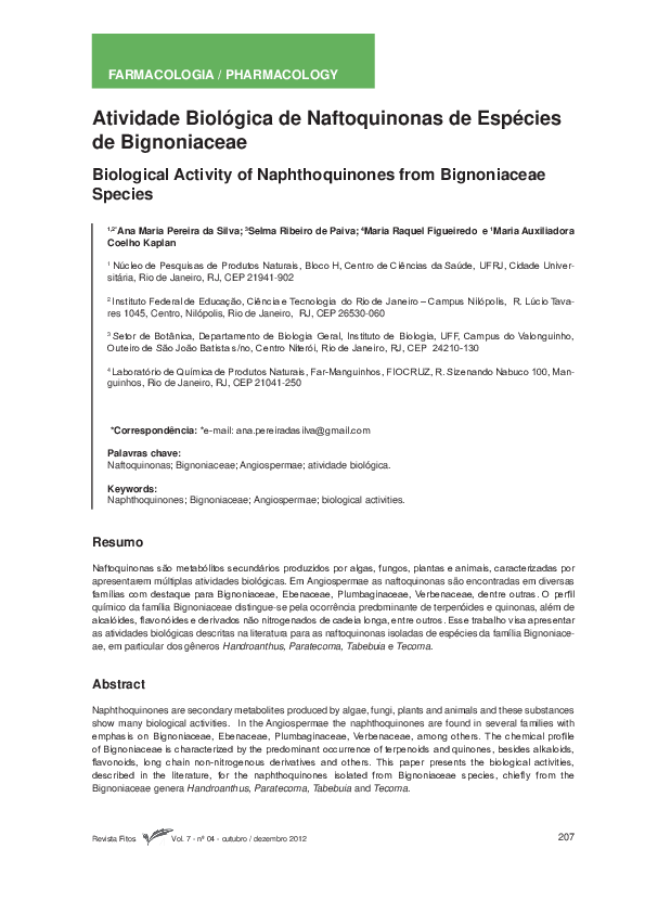 (PDF) Atividade Biológica de Naftoquinonas de Espécies de Bignoniaceae Biological Activity of ...