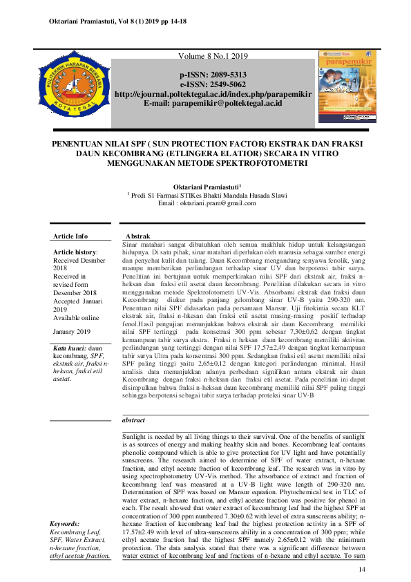 (PDF) Penentuan Nilai SPF ( Sun Protection Factor) Ekstrak Dan Fraksi Daun Kecombrang (Etlingera ...
