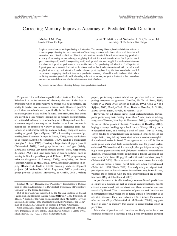 (PDF) Correcting memory improves accuracy of predicted task duration