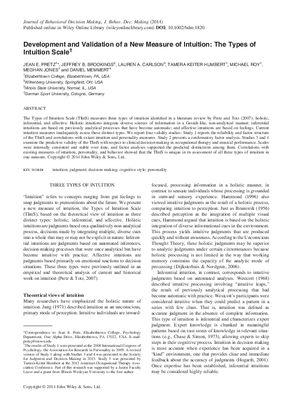 Pdf Development And Validation Of A New Measure Of Intuition The Types Of Intuition Scale