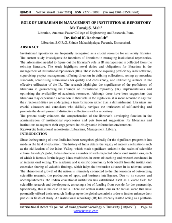 (PDF) ROLE OF LIBRARIAN IN MANAGEMENT OF INSTITUTIONAL REPOSITORY