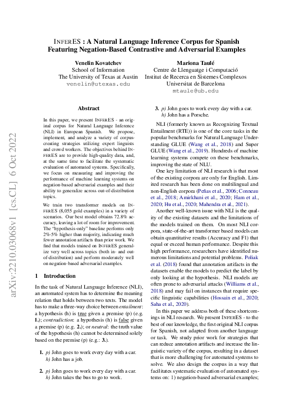 (PDF) InferES : A Natural Language Inference Corpus for Spanish ...