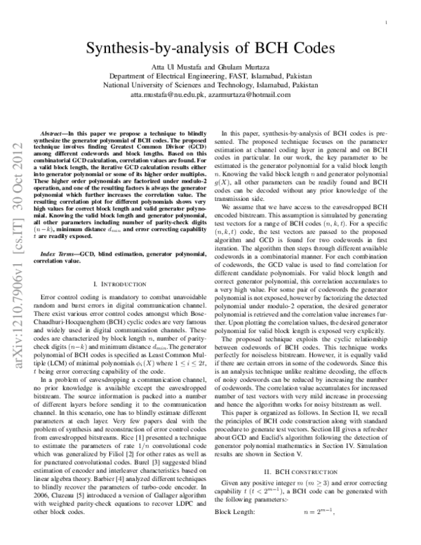 (PDF) Synthesis-by-analysis of BCH Codes | Ghulam Murtaza - Academia.edu