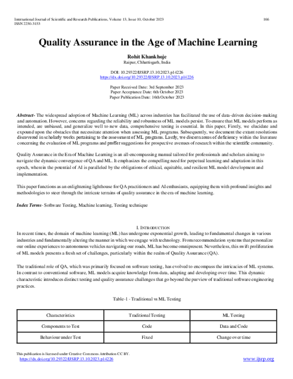 (PDF) Quality Assurance in the Age of Machine Learning