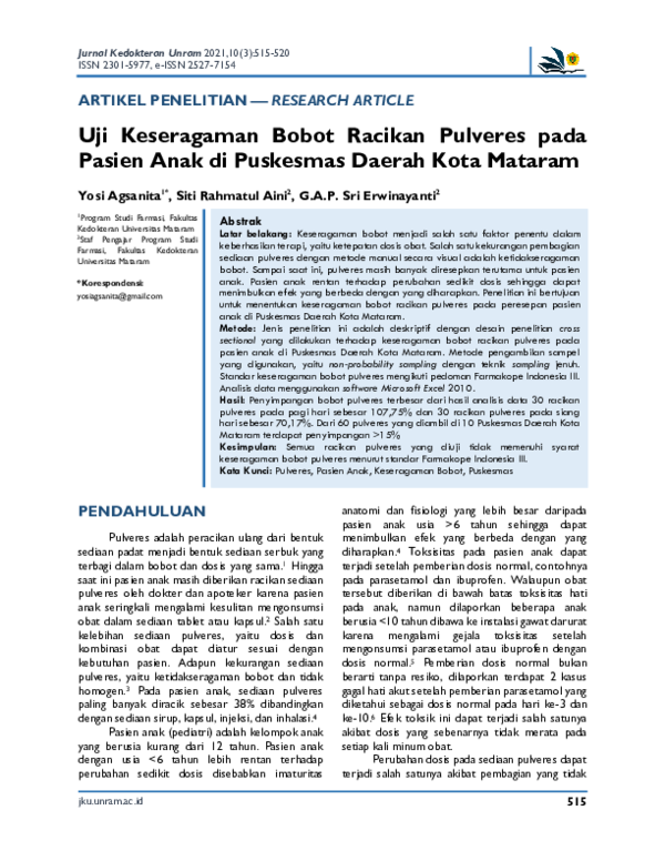 (PDF) Uji Keseragaman Bobot Racikan Pulveres pada Pasien Anak di ...