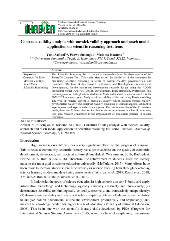 Pdf Construct Validity Analysis With Messick Validity Approach And Rasch Model Application On