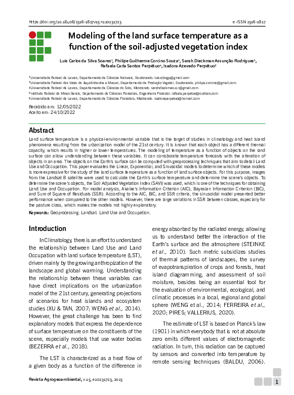 (PDF) Modeling of the land surface temperature as a function of the soil-adjusted vegetation index