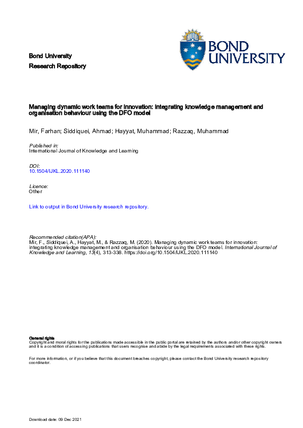 (PDF) Managing dynamic work teams for innovation: integrating knowledge management and ...