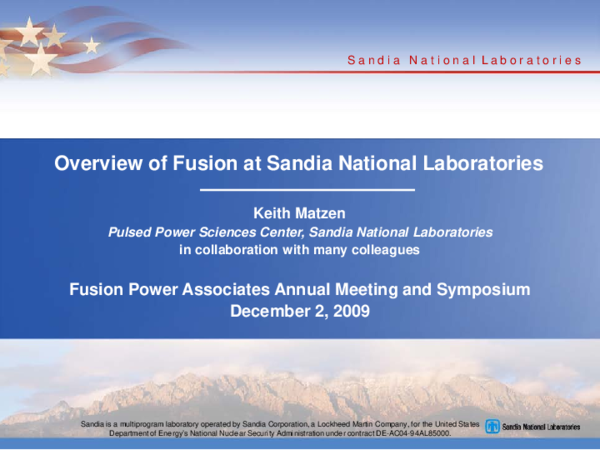 (PDF) Overview of Fusion at Sandia National Laboratories