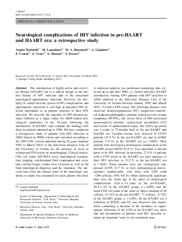 (PDF) Neurological complications of HIV infection in pre-HAART and ...