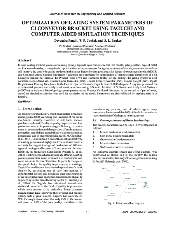 Pdf Optimization Of Gating System Parameters Ofci Conveyor Bracket Using Taguchi Andcomputer