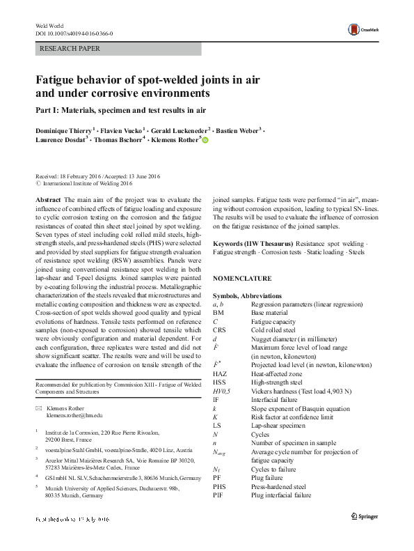 (PDF) Fatigue behavior of spot-welded joints in air and under corrosive environments