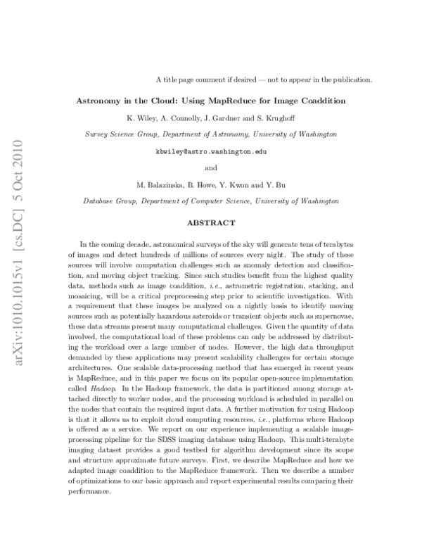 (PDF) Astronomy in the Cloud: Using MapReduce for Image Co-Addition