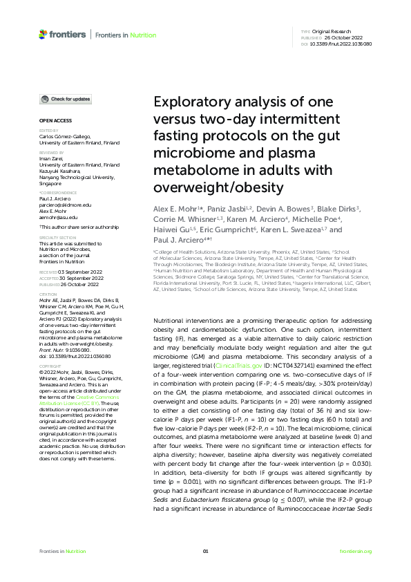 Pdf Exploratory Analysis Of One Versus Two Day Intermittent Fasting Protocols On The Gut