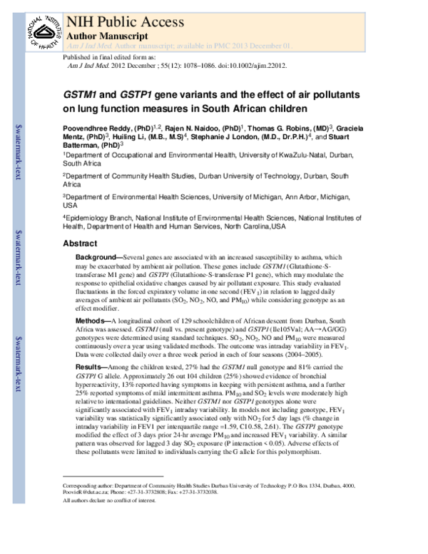 (PDF) GSTM1 and GSTP1 gene variants and the effect of air pollutants on ...