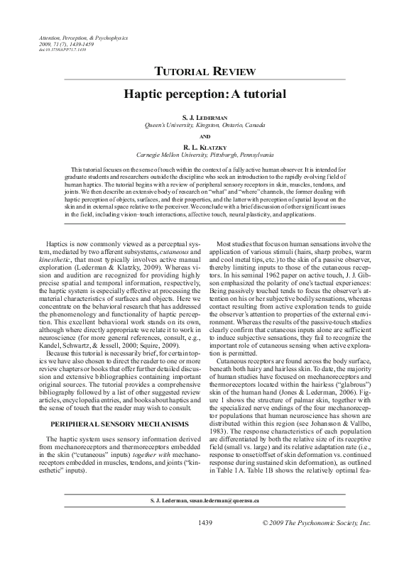 (PDF) Haptic perception: A tutorial
