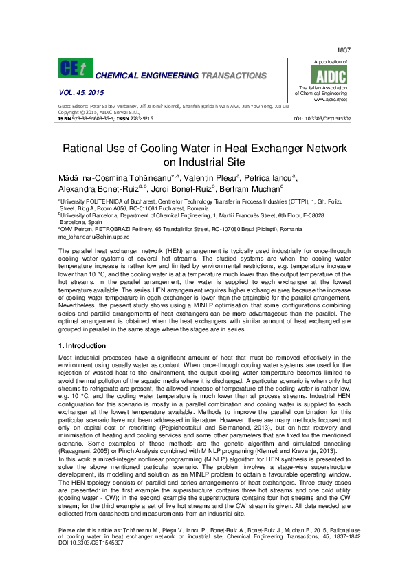 (PDF) Rational Use of Cooling Water in Heat Exchanger Network on ...