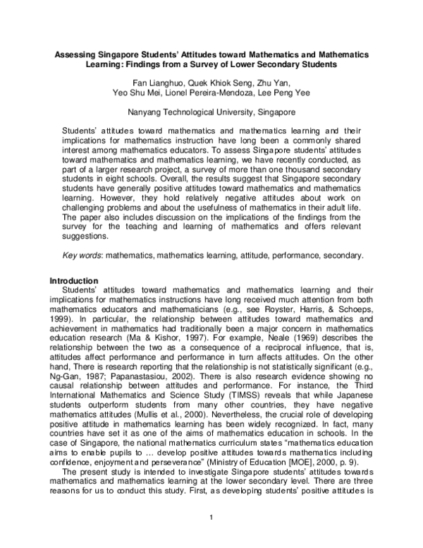 (PDF) Assessing Singapore students' attitudes toward mathematics and ...