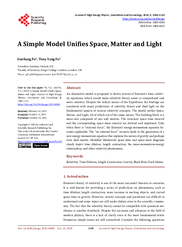 (PDF) A Simple Model Unifies Space, Matter and Light