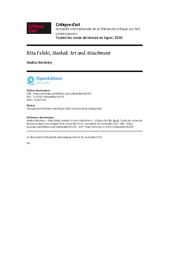 (PDF) Rita Felski, Hooked: Art and Attachment