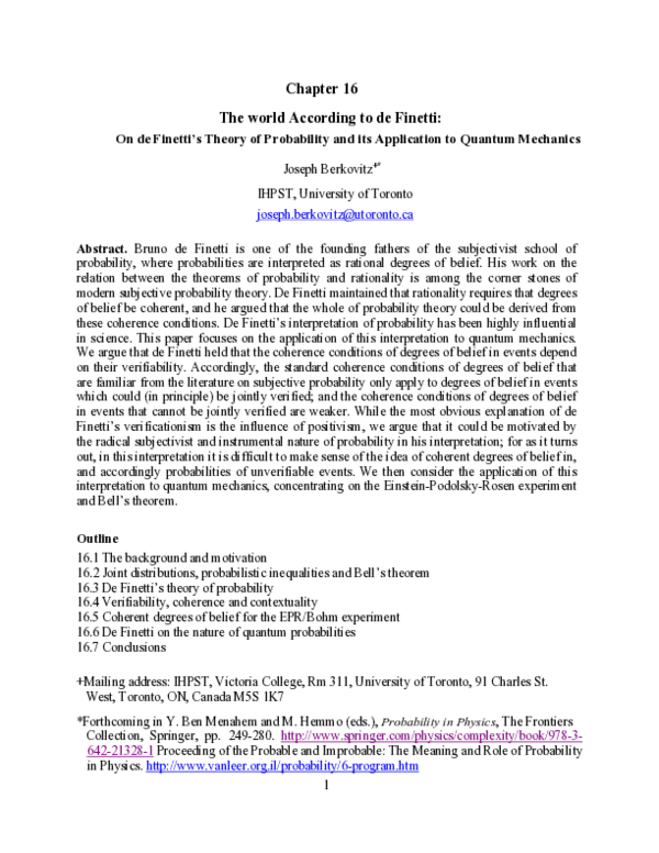 (PDF) The World According to de Finetti: On de Finetti’s Theory of ...