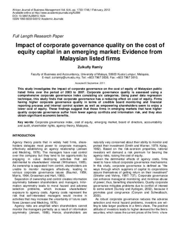 (PDF) Impact of corporate governance quality on the cost of equity capital in an emerging market ...