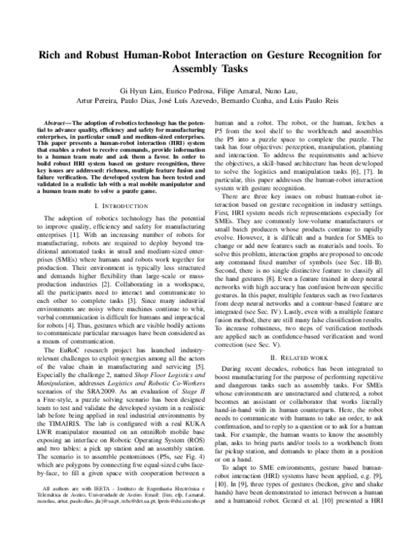 Pdf Rich And Robust Human Robot Interaction On Gesture Recognition For Assembly Tasks