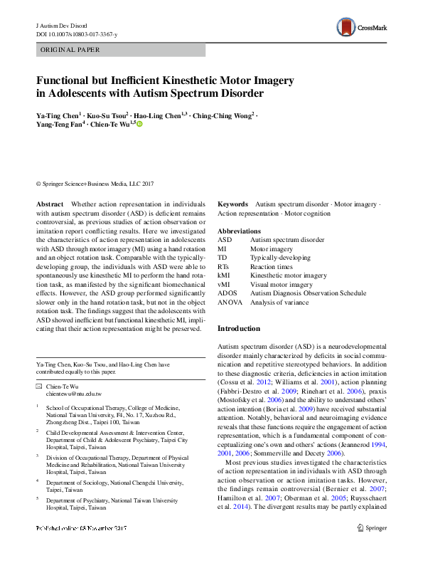(PDF) Functional but Inefficient Kinesthetic Motor Imagery in Adolescents with Autism Spectrum ...