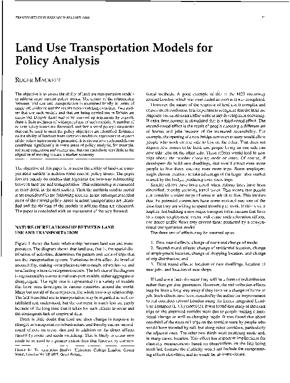 (PDF) Land Use Transportation Models for Policy Analysis