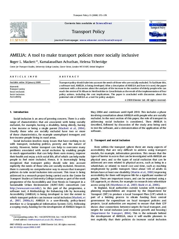 (PDF) AMELIA: A tool to make transport policies more socially inclusive