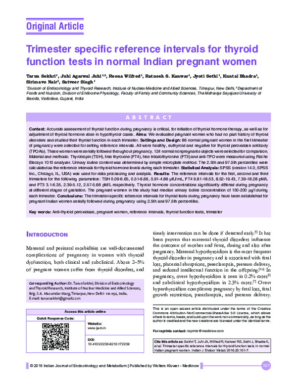 (PDF) Trimester specific reference intervals for thyroid function tests ...