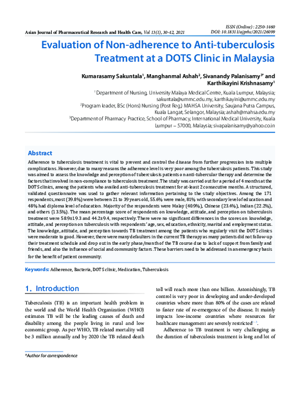 (PDF) Evaluation of non-adherence to anti-tuberculosis treatment at a DOTS clinic in Malaysia