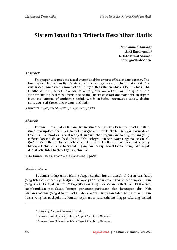(PDF) Sistem Isnad Dan Kriteria Kesahihan Hadis