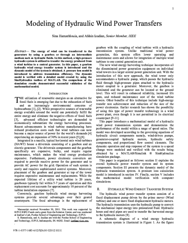 (PDF) Modeling of hydraulic wind power transfers | Afshin Izadian ...