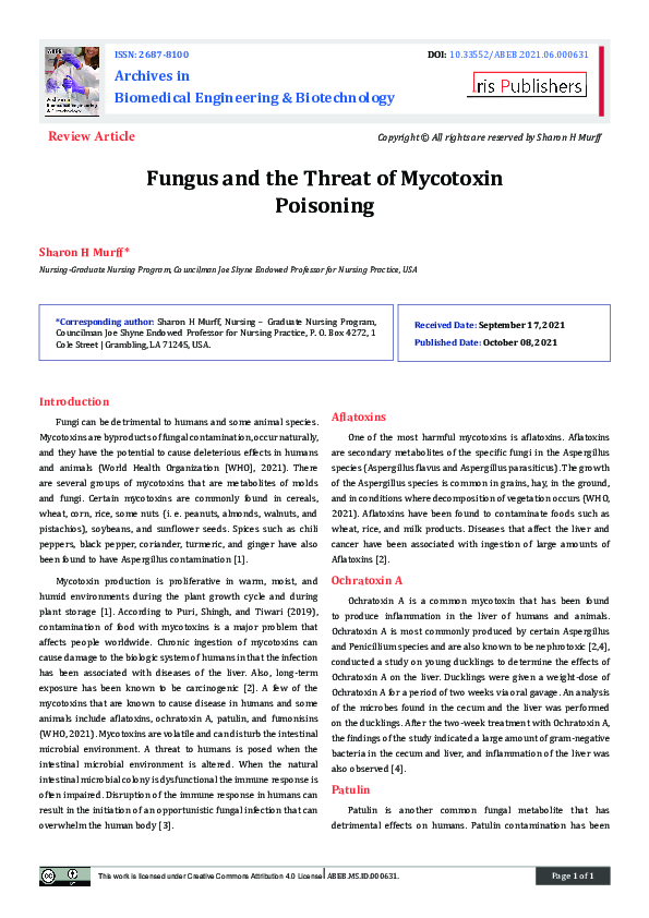 (PDF) Fungus and the Threat of Mycotoxin Poisoning | Sharon Murff ...