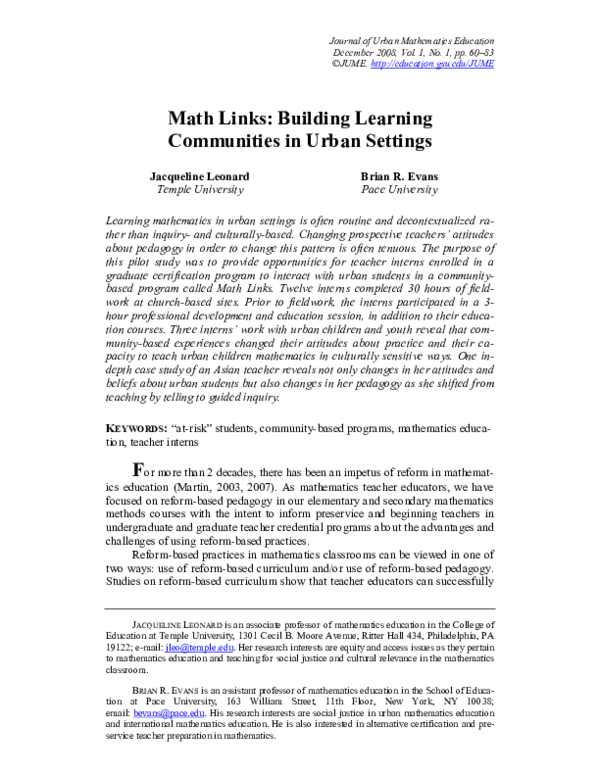 (PDF) Math Links: Building Learning Communities in Urban Settings