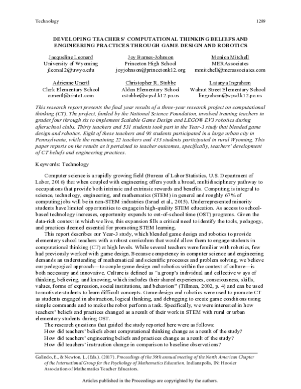 (PDF) Developing Teachers' Computational Thinking Beliefs and Engineering Practices through Game ...