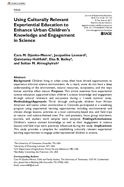 (PDF) Using Culturally Relevant Experiential Education to Enhance Urban ...