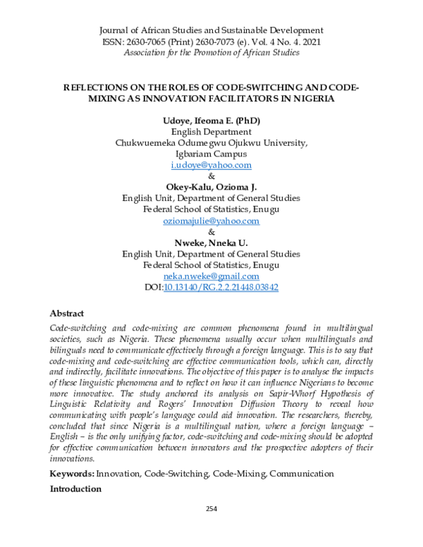 (PDF) REFLECTIONS ON THE ROLES OF CODE-SWITCHING AND CODE-MIXING AS ...