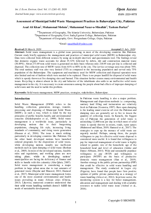 (PDF) Assessment of Municipal Solid Waste Management Practices in Bahawalpur City, Pakistan