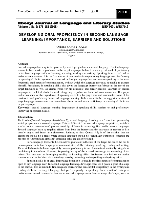 (PDF) DEVELOPING ORAL PROFICIENCY IN SECOND LANGUAGE LEARNING: IMPORTANCE, BARRIERS AND SOLUTIONS