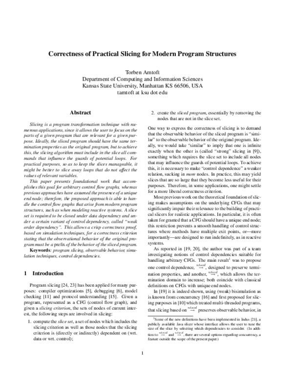 (PDF) Correctness of Practical Slicing for Modern Program Structures