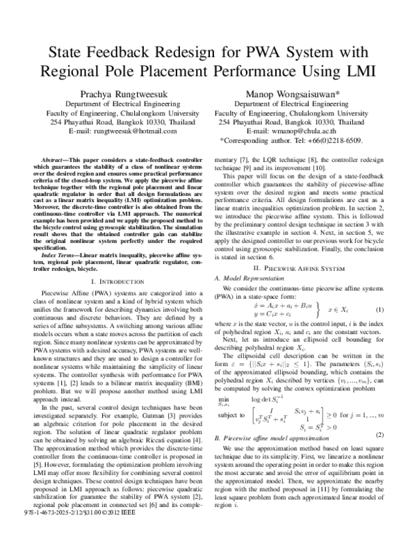 (PDF) State feedback redesign for PWA system with regional pole placement performance using LMI