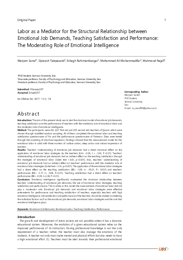 (PDF) Labor As The Mediator for the Structural Relationship Between Emotional job Demands and ...