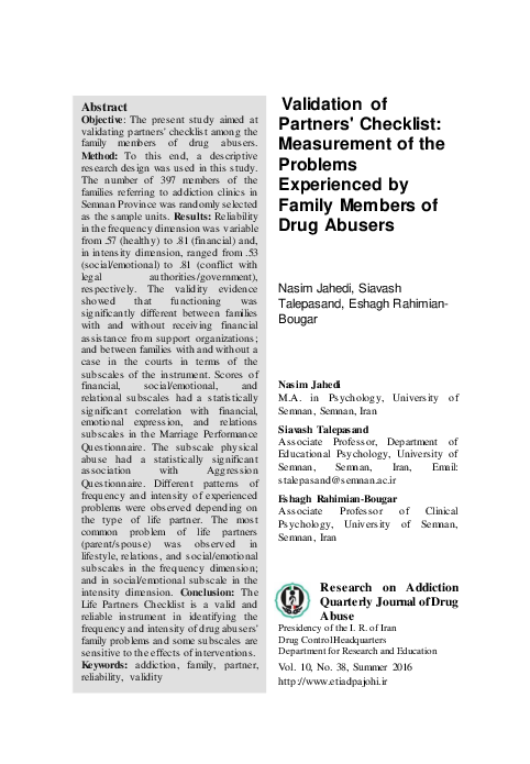 (PDF) Validation of Partners' Checklist: Measurement of the Problems ...