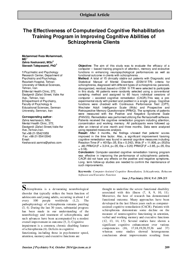 (PDF) The effectiveness of computerized cognitive rehabilitation training program in improving ...
